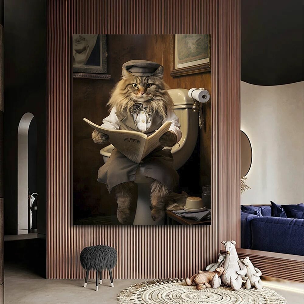 Картина в туалет, Кот на унитазе, Кот читает газету в туалете