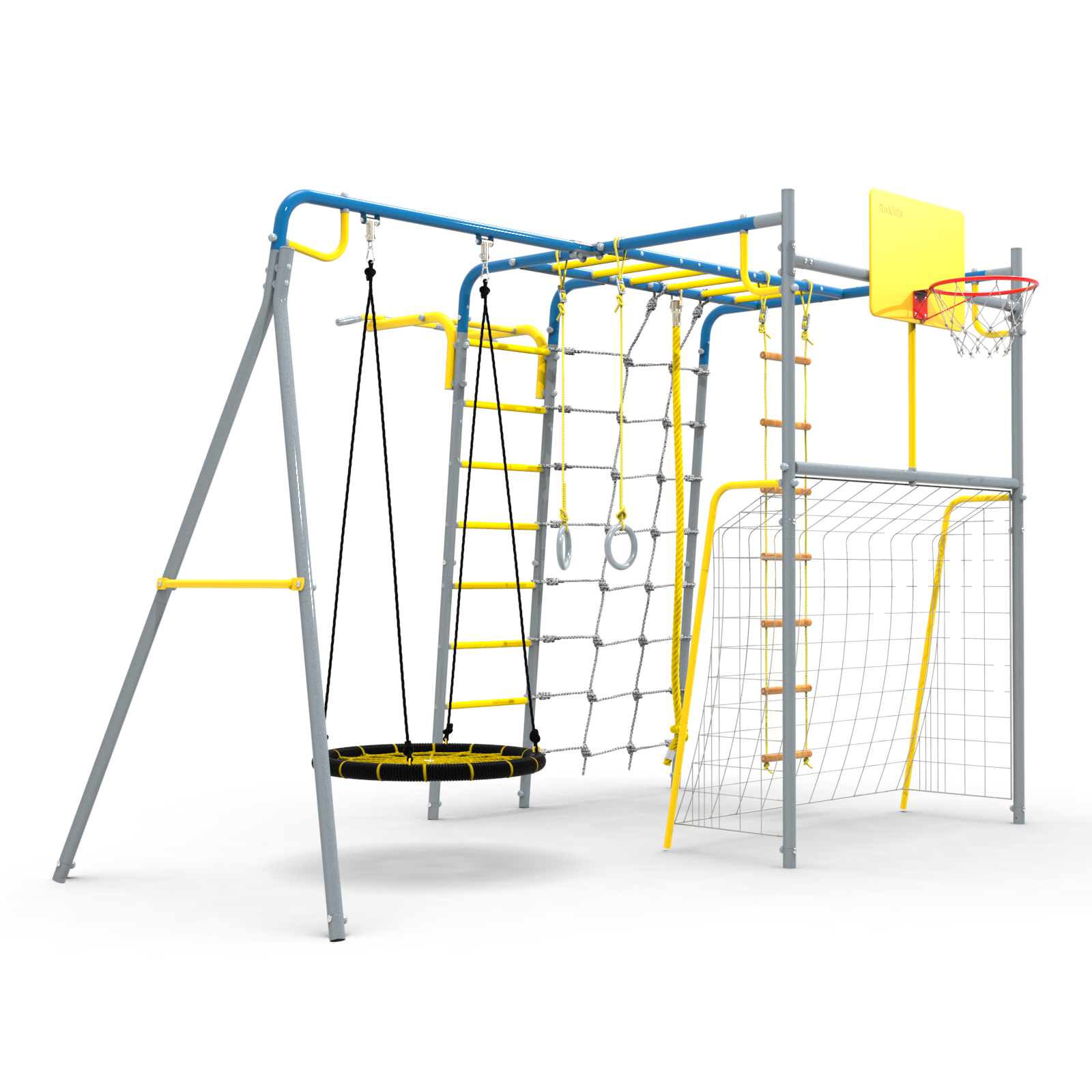 Физрук с доп. стойкой и воротами, качели-гнездо сетка, цвет синий-серый, уличный детский спортивный комплекс, спортивный комплекс для детей, уличный дск