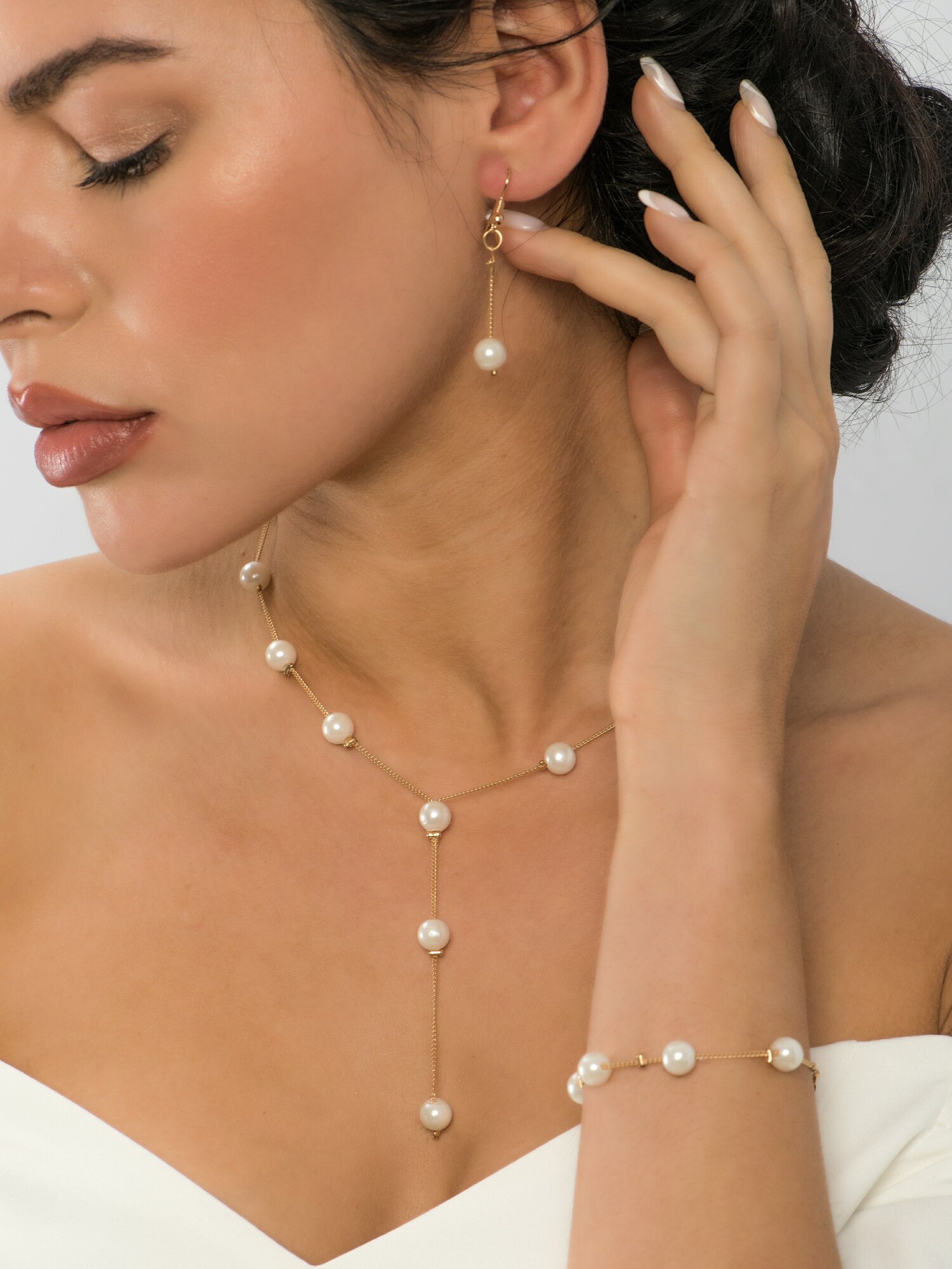 Комплект бижутерии: серьги, браслет, колье, искусственный камень, жемчуг имитация