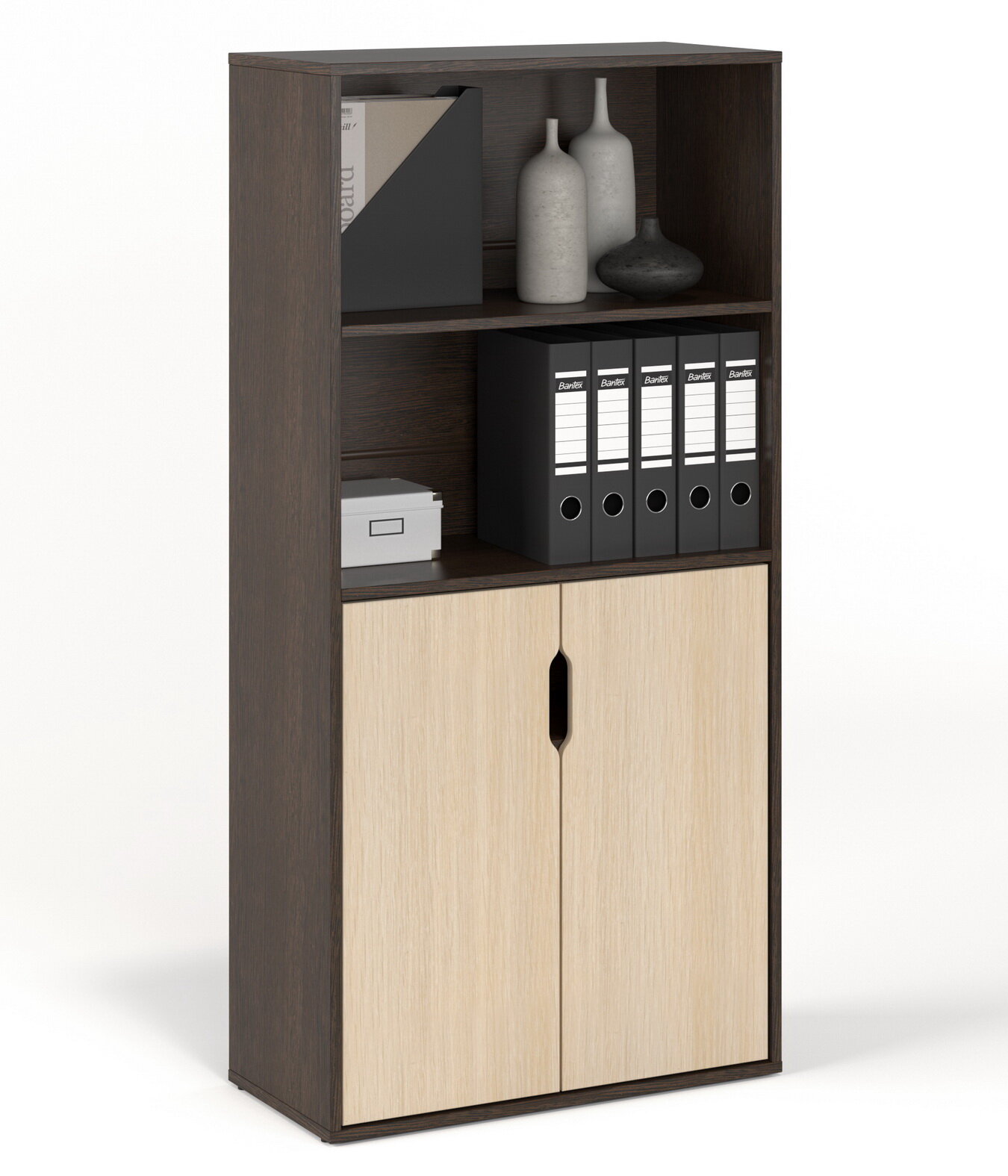 Стеллаж БАНГА-24 Венге - Дуб молочный, с дверками и отрытой полкой, (ВхШхГ) 142,6х69,8х32,6 см, ЛДСП