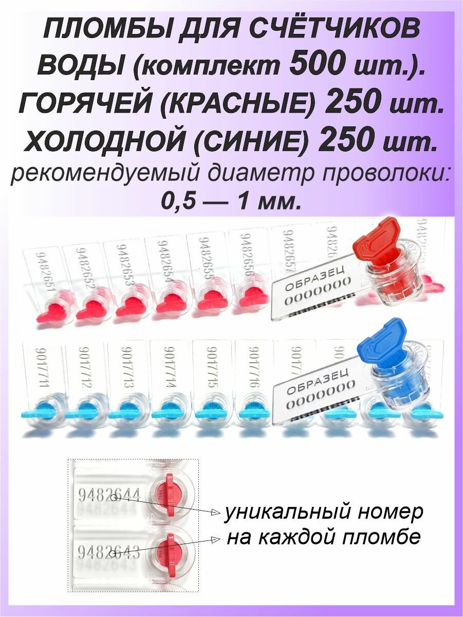 Роторная номерная пломба, 500 шт. пластиковая "РОТОР-1", цвет: синий и красный для счетчиков воды, света (электроэнергии), газа