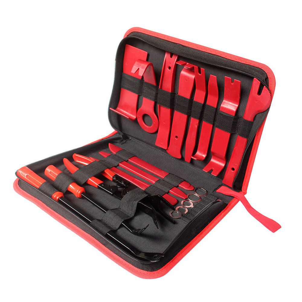 Набор инструментов Vislone из 19 предметов для снятия обшивки автомобиля: зажимы для дверных панелей, плоскогубцы, инструмент для снятия крепежа, поддевания и ремонта.