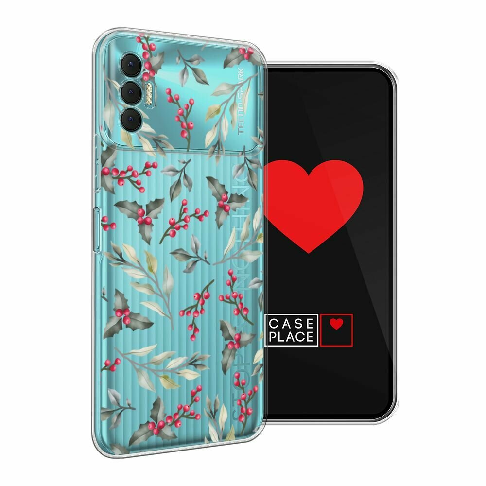 Чехол на Tecno Spark 8P / Техно Спарк 8P с принтом Зимние ягоды паттерн, прозрачный — фото 1