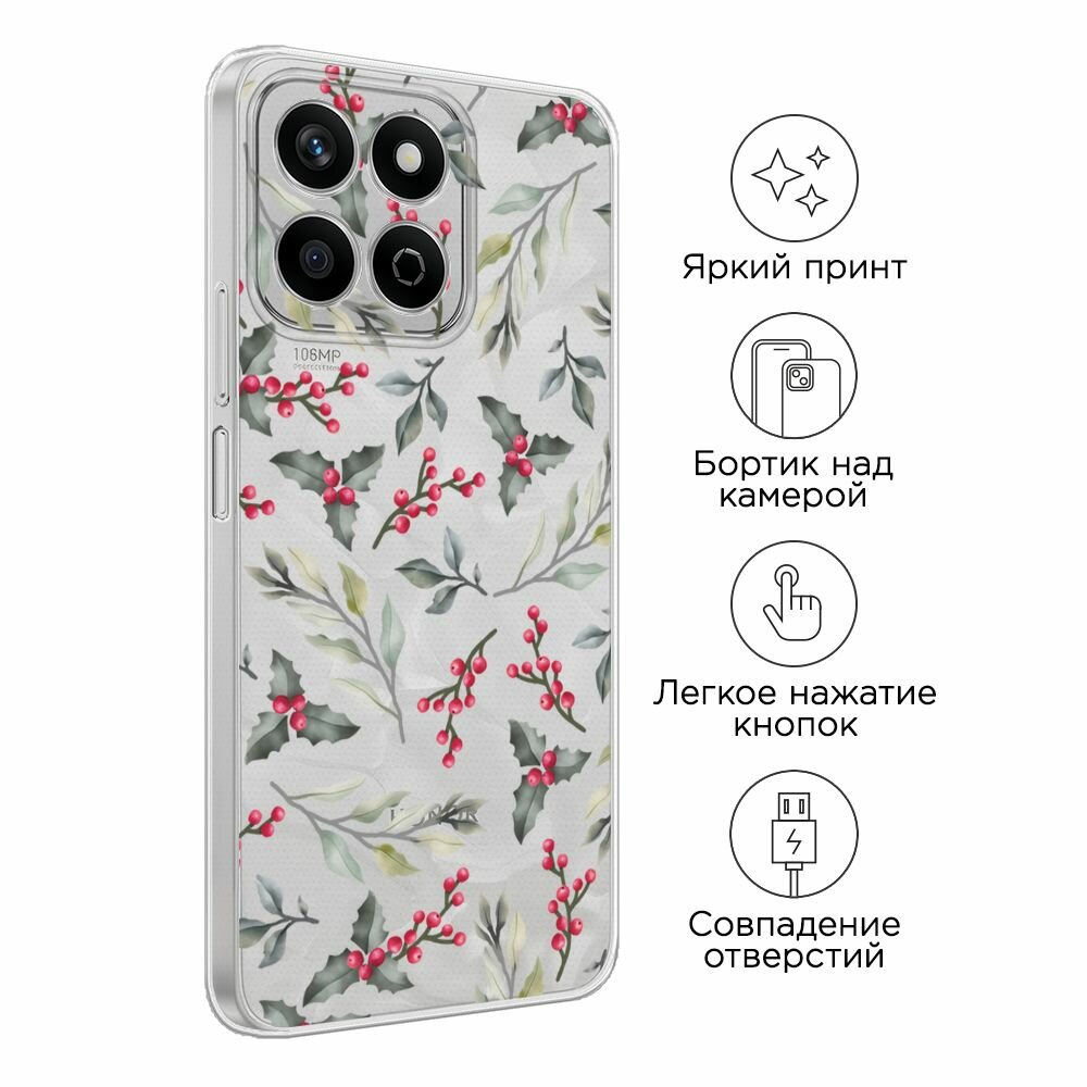 Чехол на Honor X7c / Хонор X7c с принтом Зимние ягоды паттерн, прозрачный — фото 1