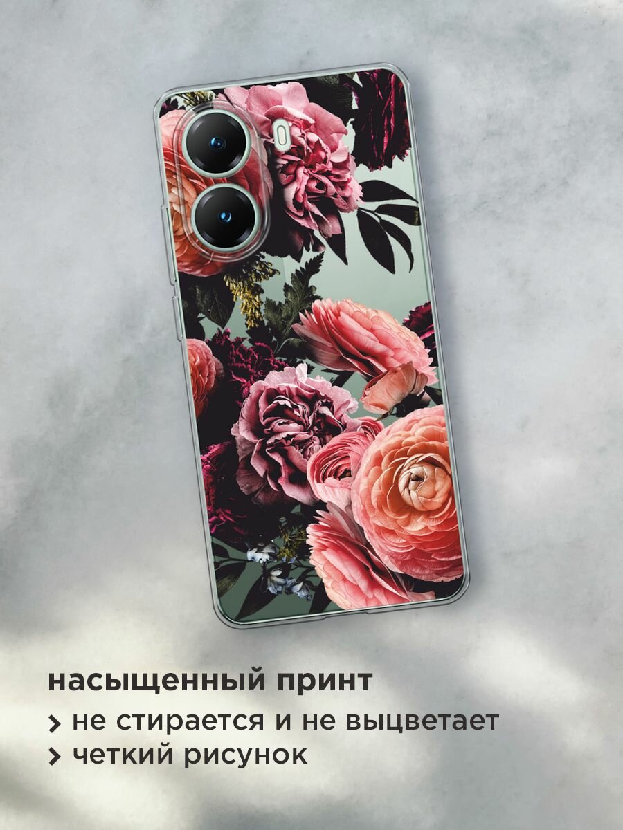 Чехол на Poco X7 Pro / Поко X7 Про с принтом "Бордовые винтажные цветы", прозрачный — фото 1