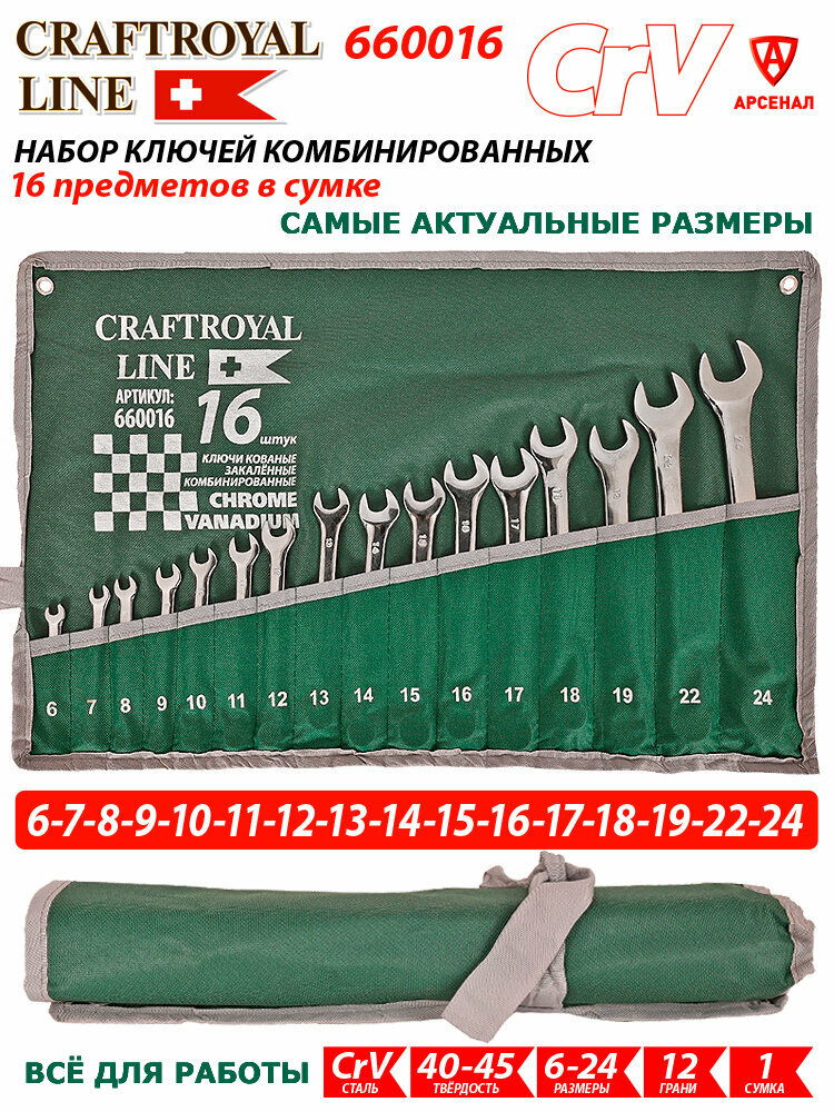 Набор ключей комбинированных 16 предметов в сумке (6-24мм рожково-накидные) CRAFTROYAL, 660016
