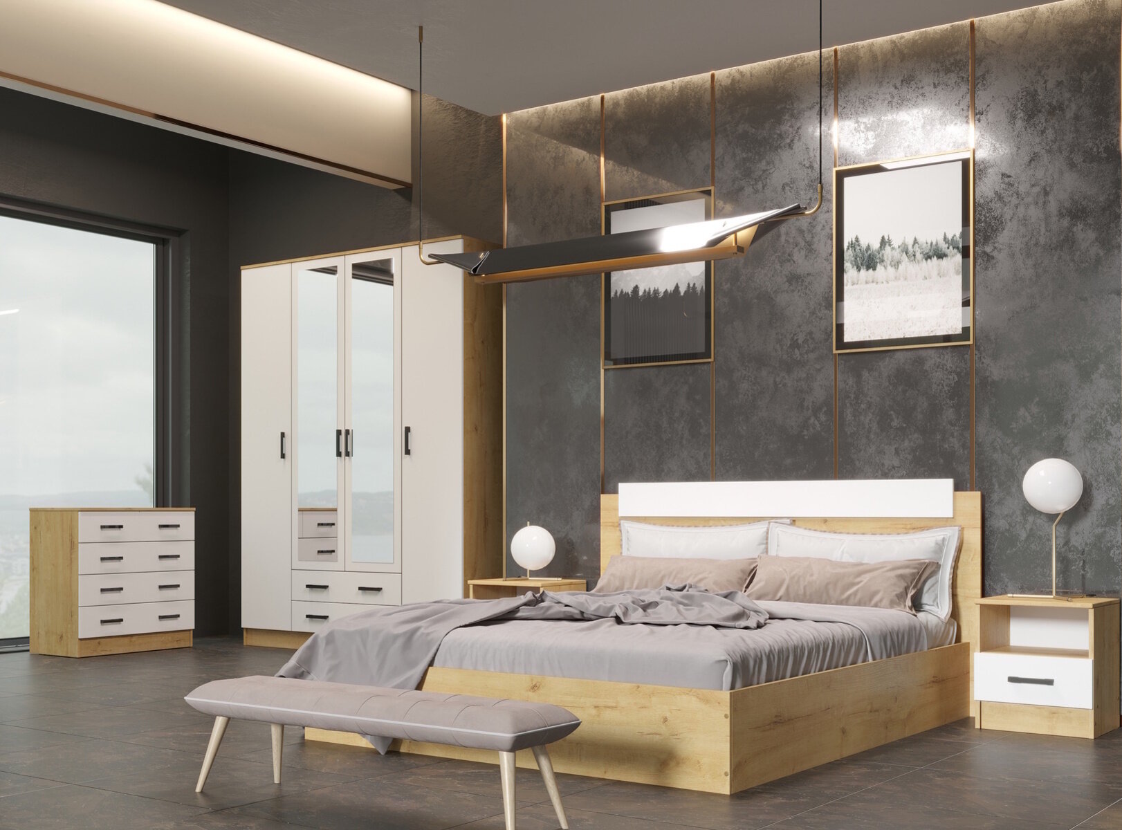 Спальный гарнитур, спальня, мебель для спальни Эко 3 Дуб Вотан/Белый гладкий