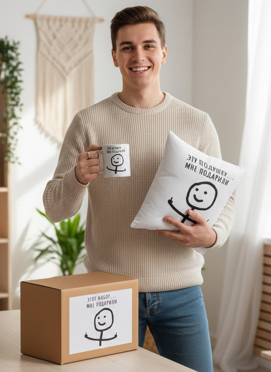 Подарочный бокс набор кружка + подушка мужской, "Подарили"