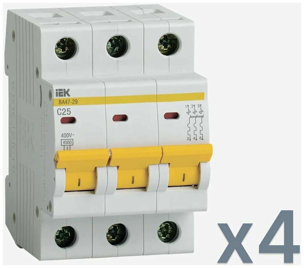 Автоматический выключатель IEK ВА47-29 3Р 25А 4,5кА С 4шт