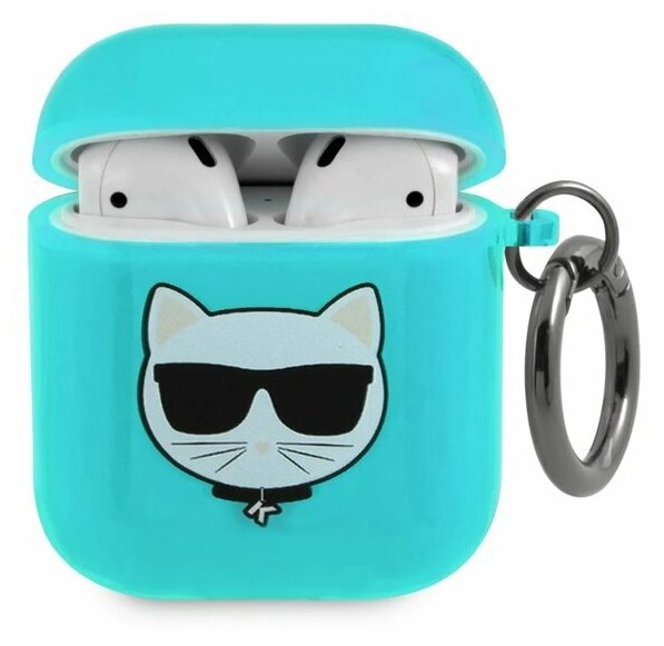 Lagerfeld для Airpods 1/2 чехол TPU FLUO with ring Choupette Transp Blue