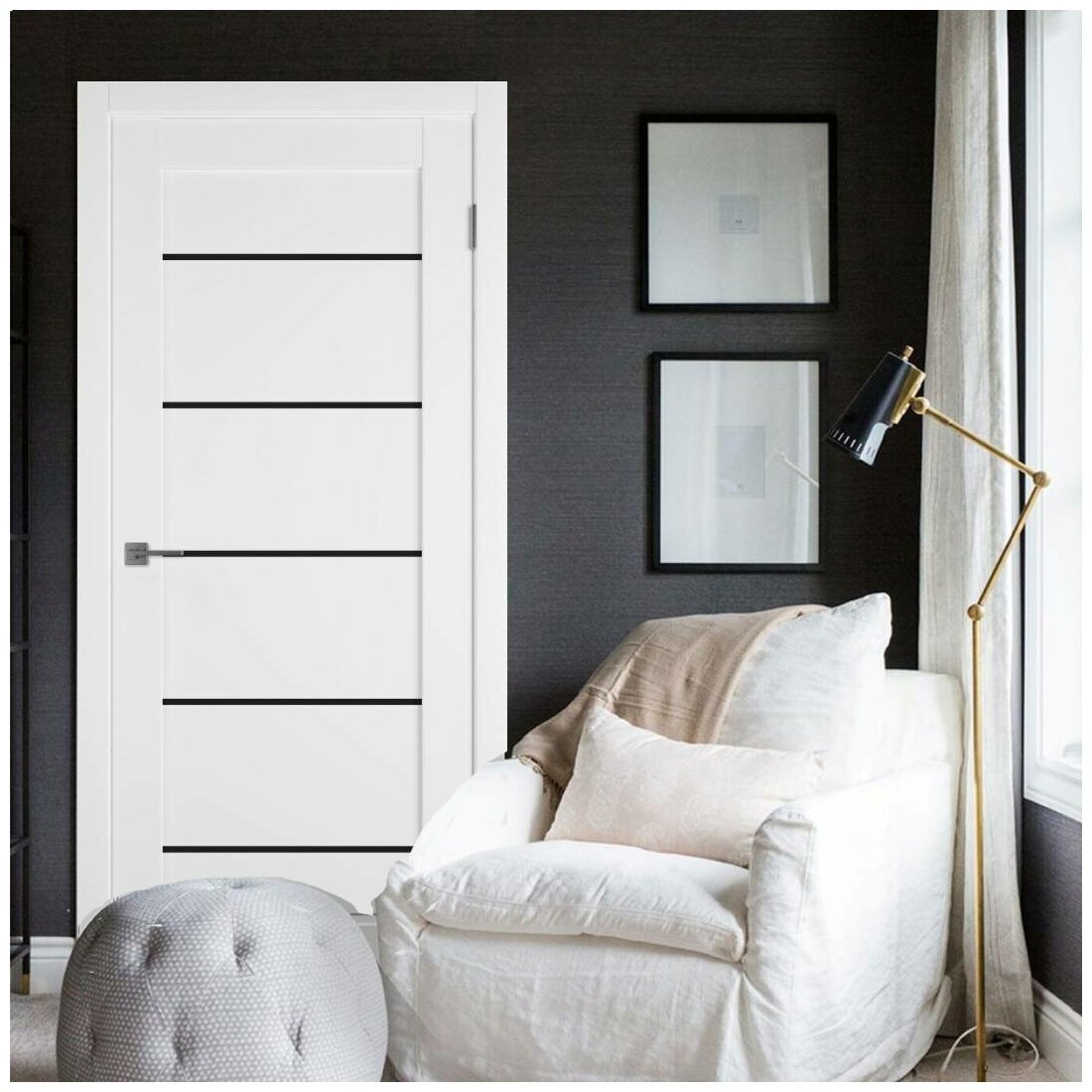 Межкомнатная дверь E27 белая 600х1900 мм черное стекло (комплект)