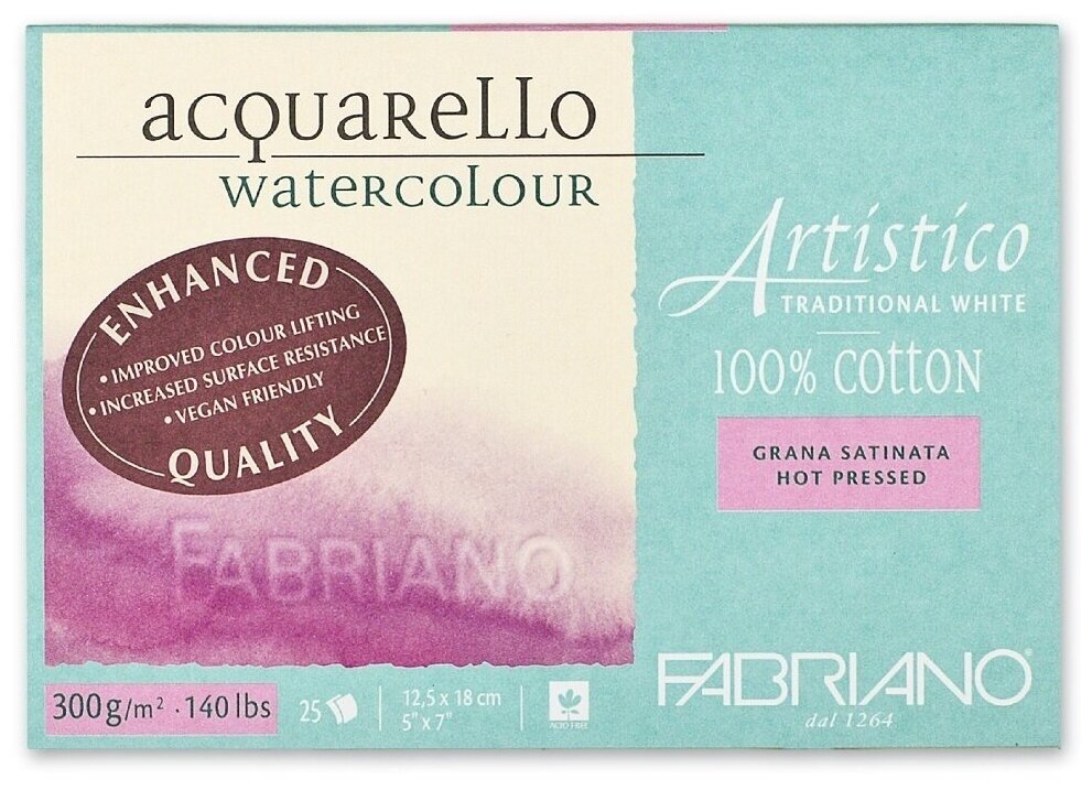 Блок для акварели Fabriano Artistico Traditional White 300г/м. кв 12x18см Сатин 25 листов склейка по 4 сторонам