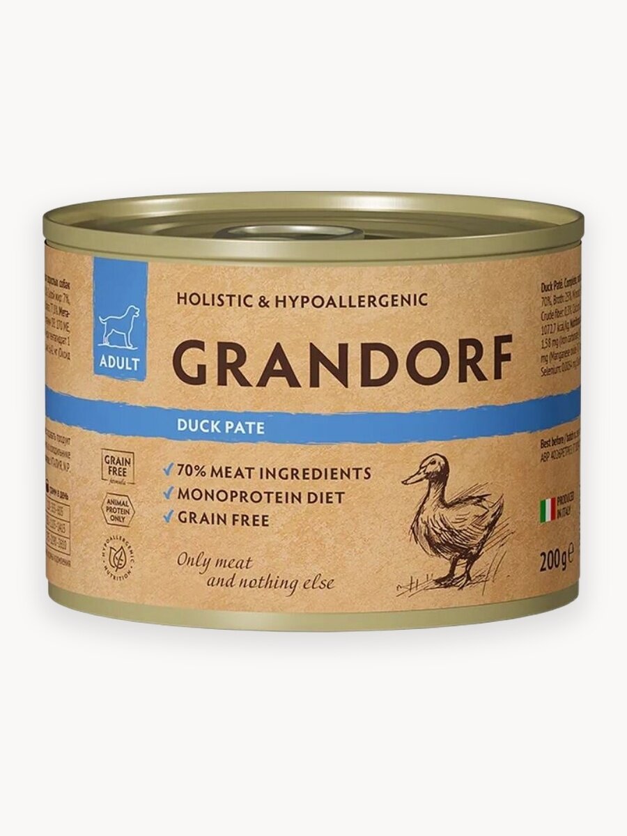 GRANDORF Влажный корм для собак всех пород, паштет из утки - 6 шт*200 гр