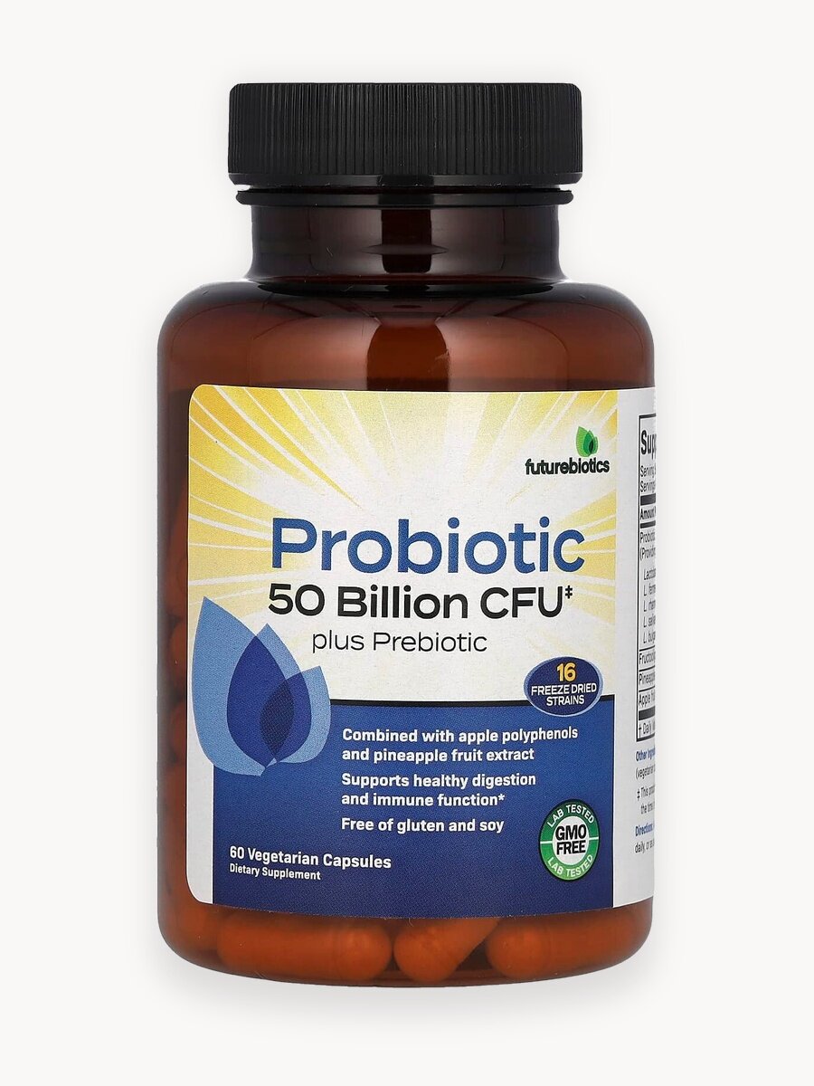 Futurebiotics, пробиотики с пребиотиками, 50 млрд КОЕ, 60 вегетарианских капсул (25 млрд КОЕ в 1 капсуле)
