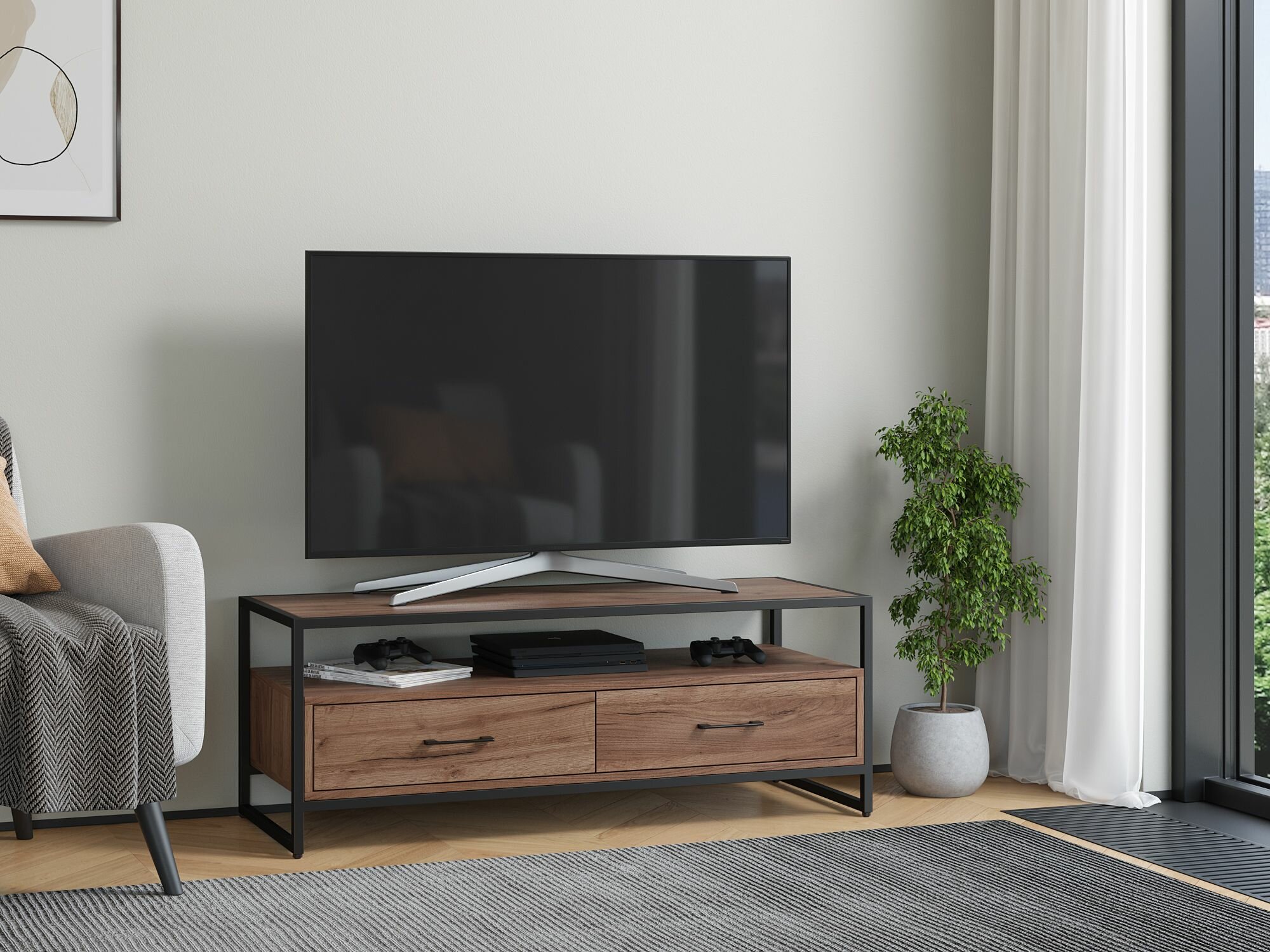 Тумба ТВ Урбан Лофт 02 с выдвижными ящиками Черный/дуб крафт табак