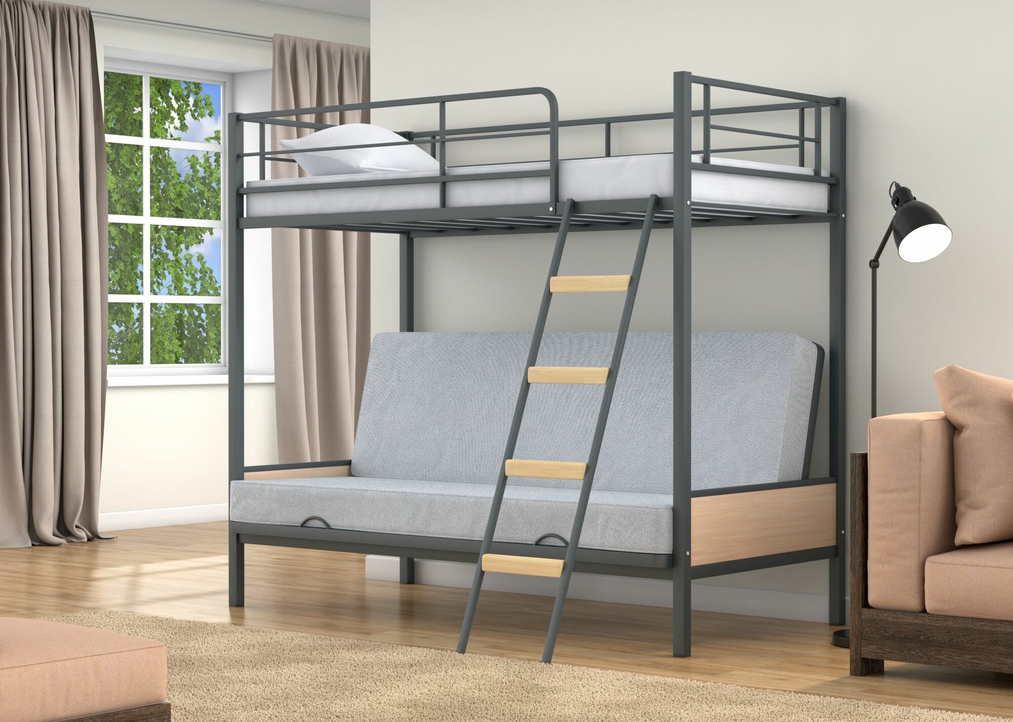 Двухъярусная кровать-диван Дакар 2 Серый (вставки Дуб молочный)