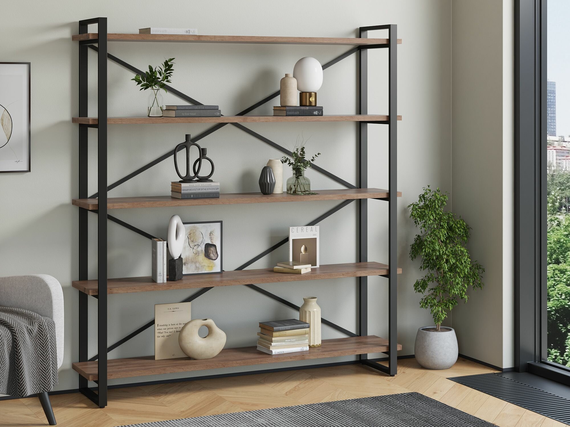 Стеллаж Айсберг Лофт 160х182-2 черный/дуб крафт табак