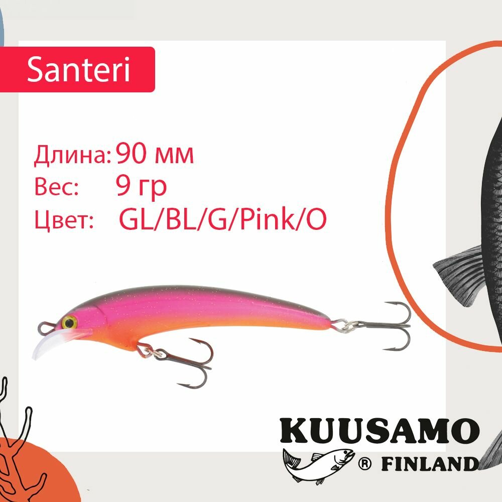 Воблер для рыбалки Kuusamo Santeri 90mm 9г цв. GL/BL/G/Pink/O, UV