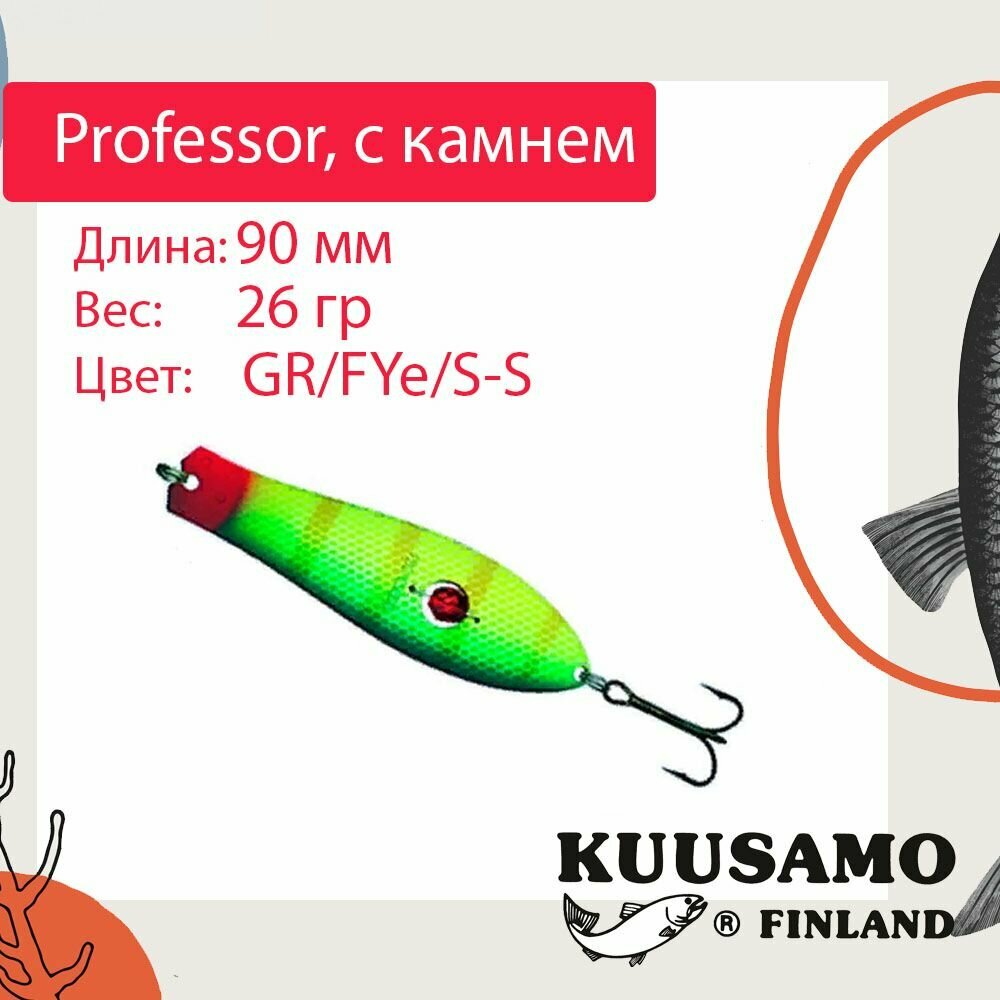 Блесна для рыбалки Kuusamo Professor 2, 90/26 с камнем, GR/FYe/S-S (колеблющаяся)