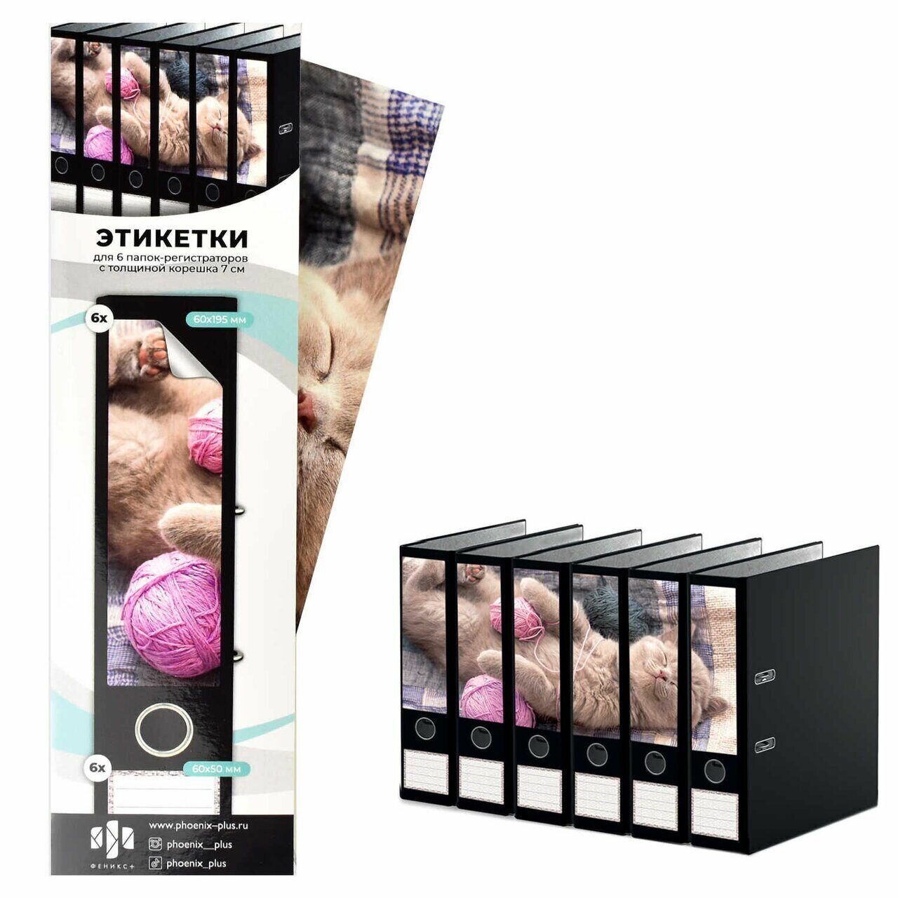 Этикетки для папок-регистраторов с корешком 7см, самоклеящиеся "Кот" 6 штук