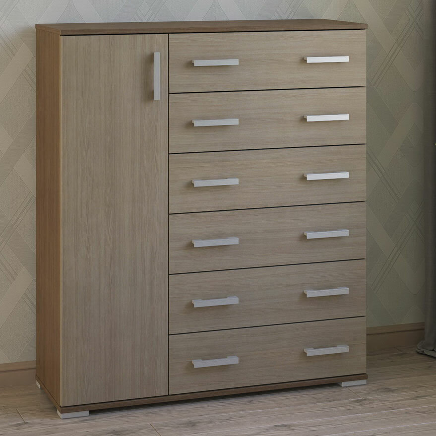 Комод с 6 ящиками МагМебель №36 (дверца слева) ясень шимо тёмный + светлый