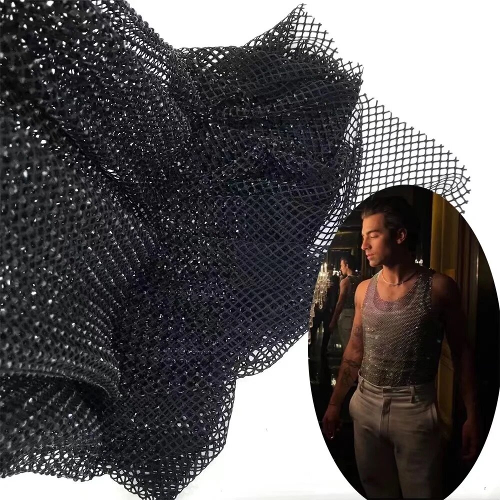OMZHIMO Эластичная сетка с стразами SS10 Серый, 50cmX50cm, Black