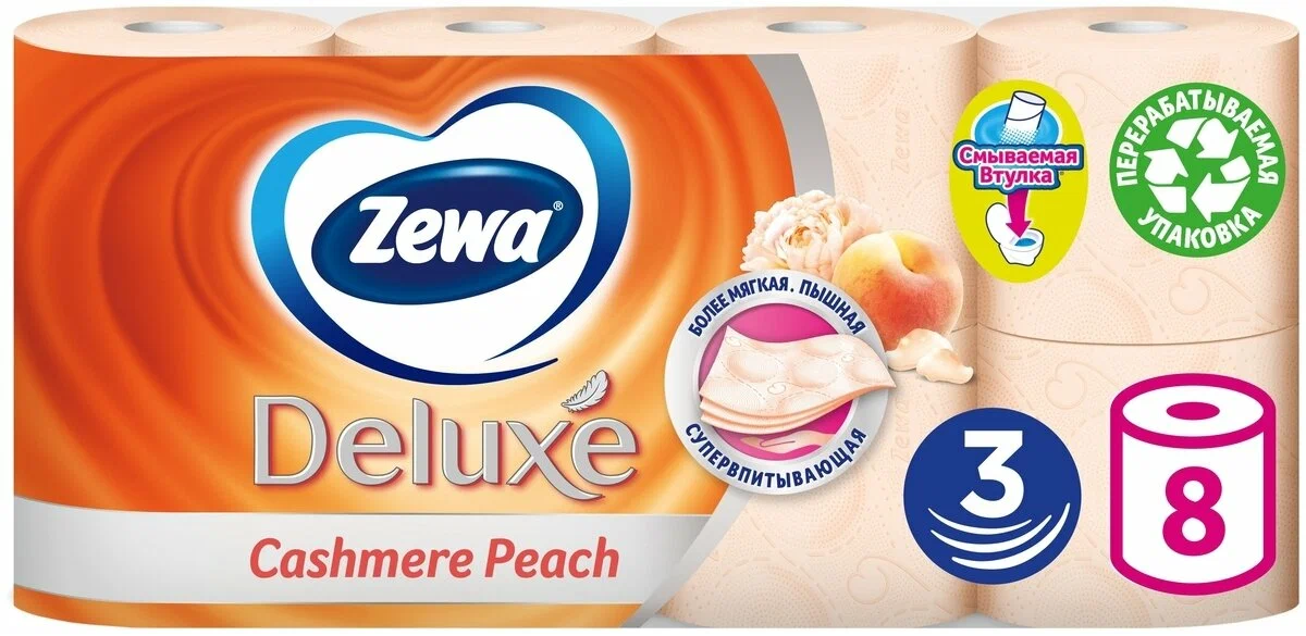 Туалетная бумага, Zeva, Delux, персик, 3 слоя, 8 рулонов