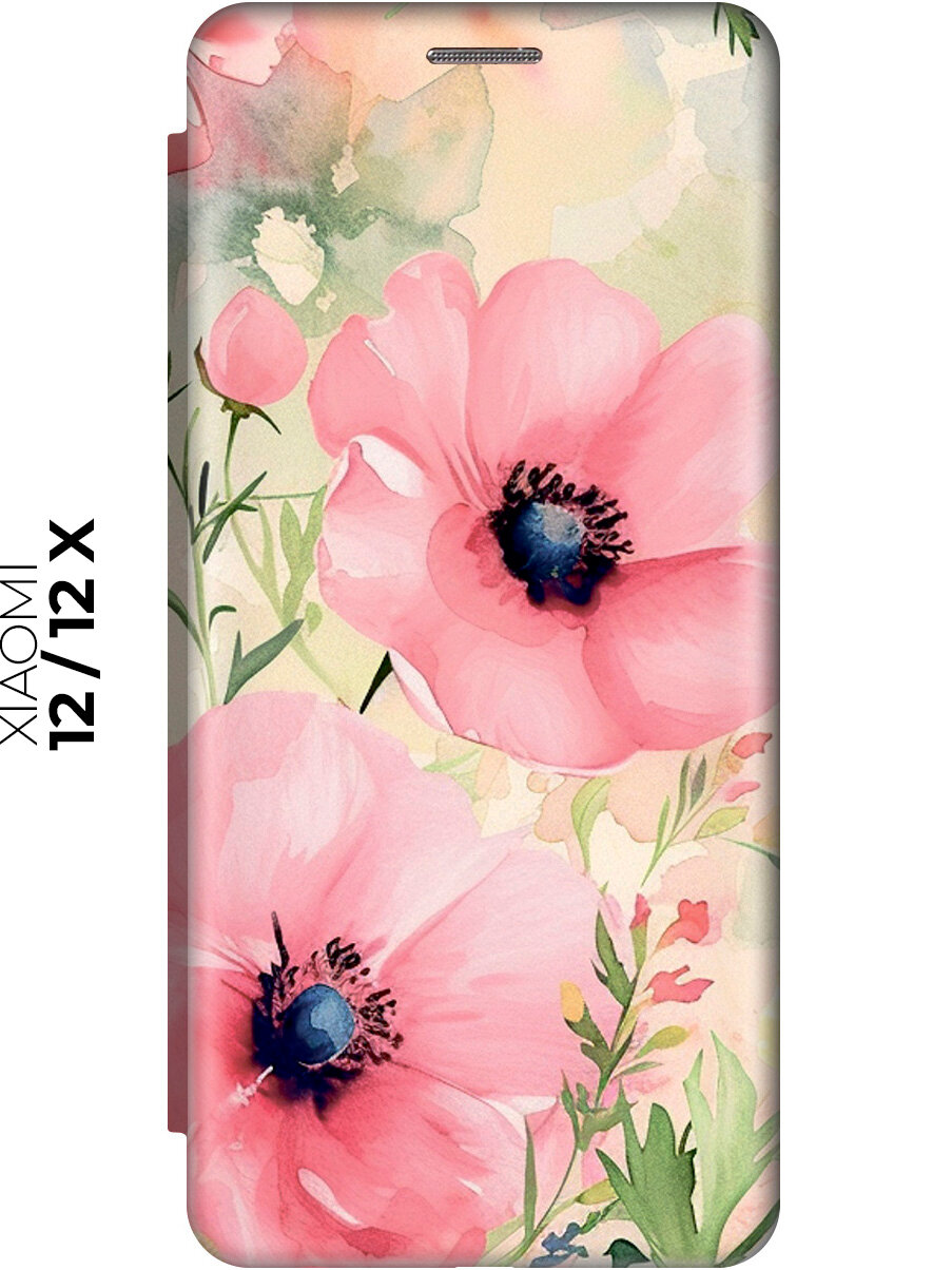 Чехол-книжка на Xiaomi 12 / 12X / 12S с принтом "Акварельные маки" золотой