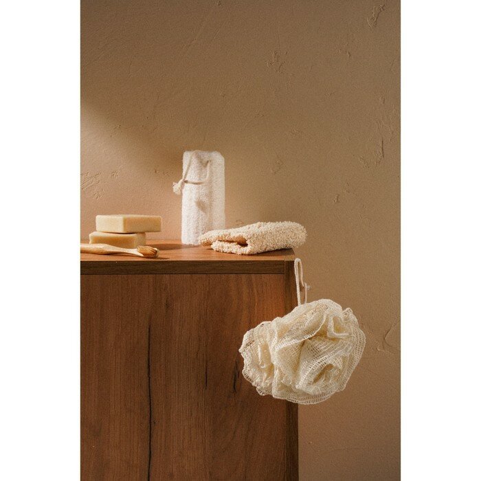 Мочалки для ванной SL Home «Ортика», 3 мочалки, розочка, варежка, люффа, бежевые