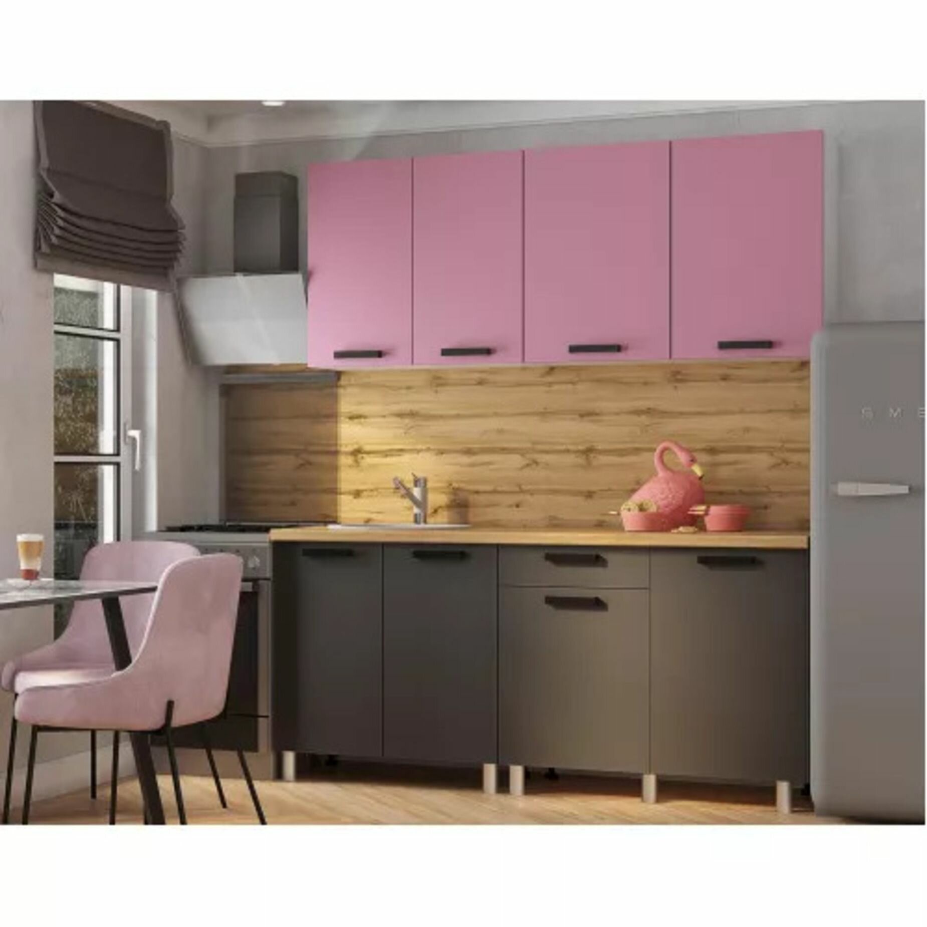 Кухонный гарнитур(кухня) без столешницы Осло 1.8м, фасад Карбон Сакура/Карбон Вулкан, корпус белый 1800х2160х430 тэкс