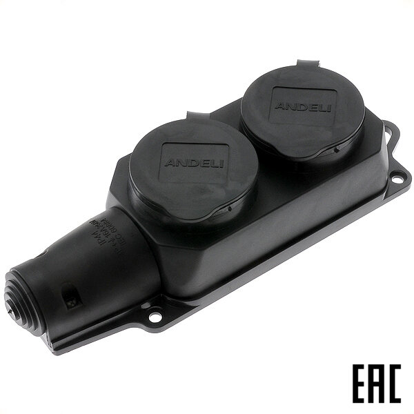 Блок AM-K05 2 розетки "евр" кабельный с крышками резиновый черный IP44 ADL13-064 Andeli (4 шт. в наборе)