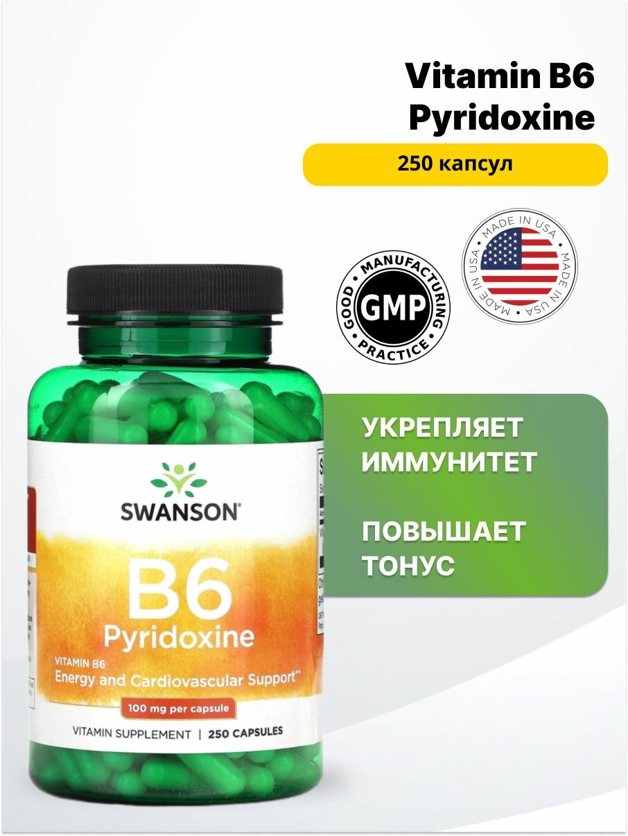 Swanson Vitamin B6 Pyridoxine 100 мг 250 капсул.