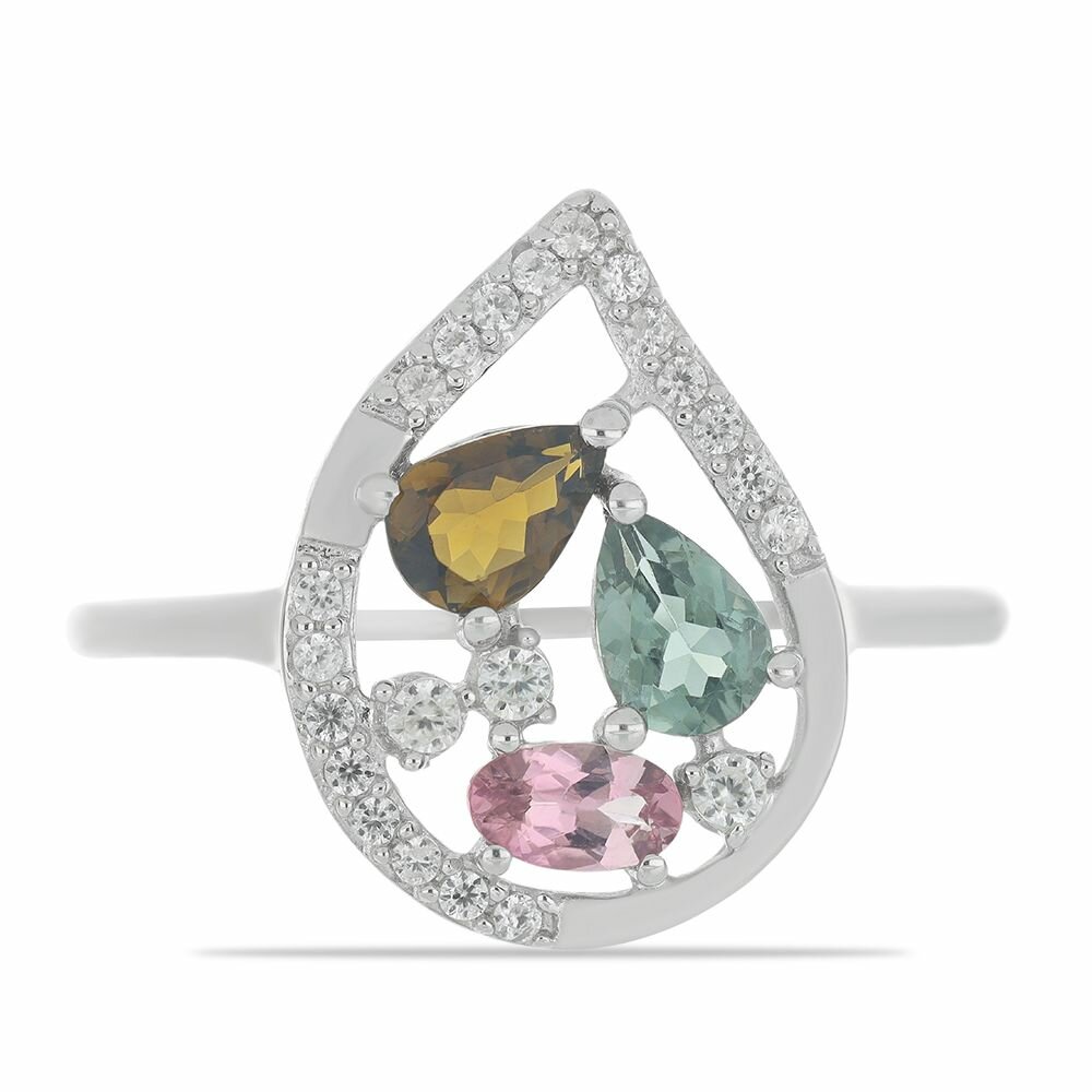 Кольцо, серебро, 925 проба, родирование, турмалин, циркон