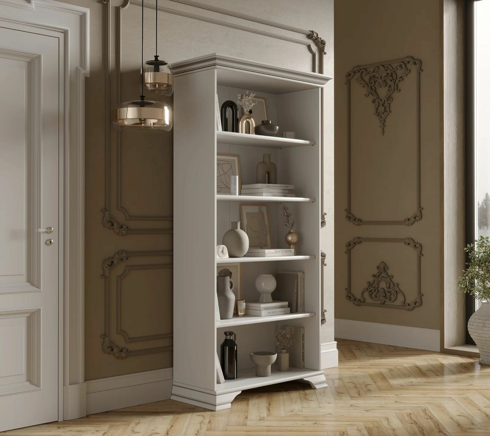 Стеллаж деревянный Kentaki REG/90 белый, напольный 5 секций, для книг, для игрушек