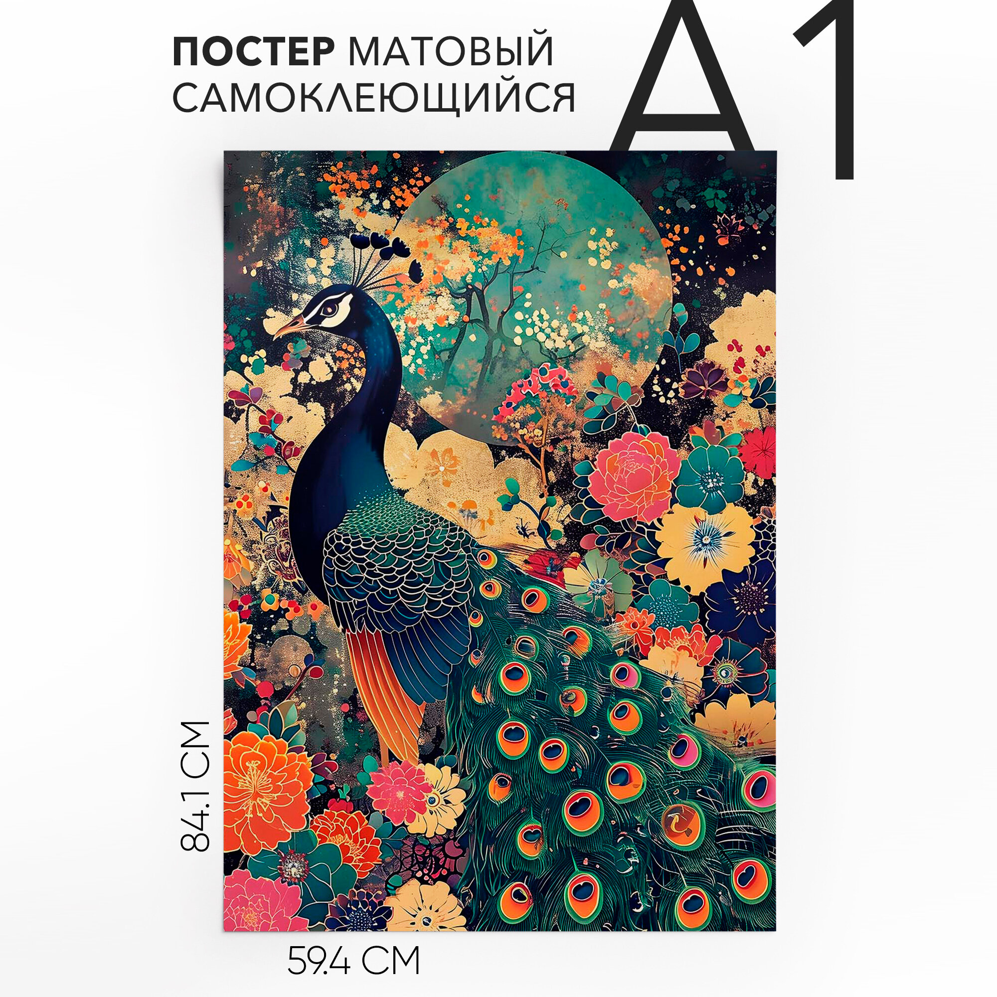 Постеры на стену интерьерные самоклеящийся, большой A1 Павлин, влагостойкий, для декора