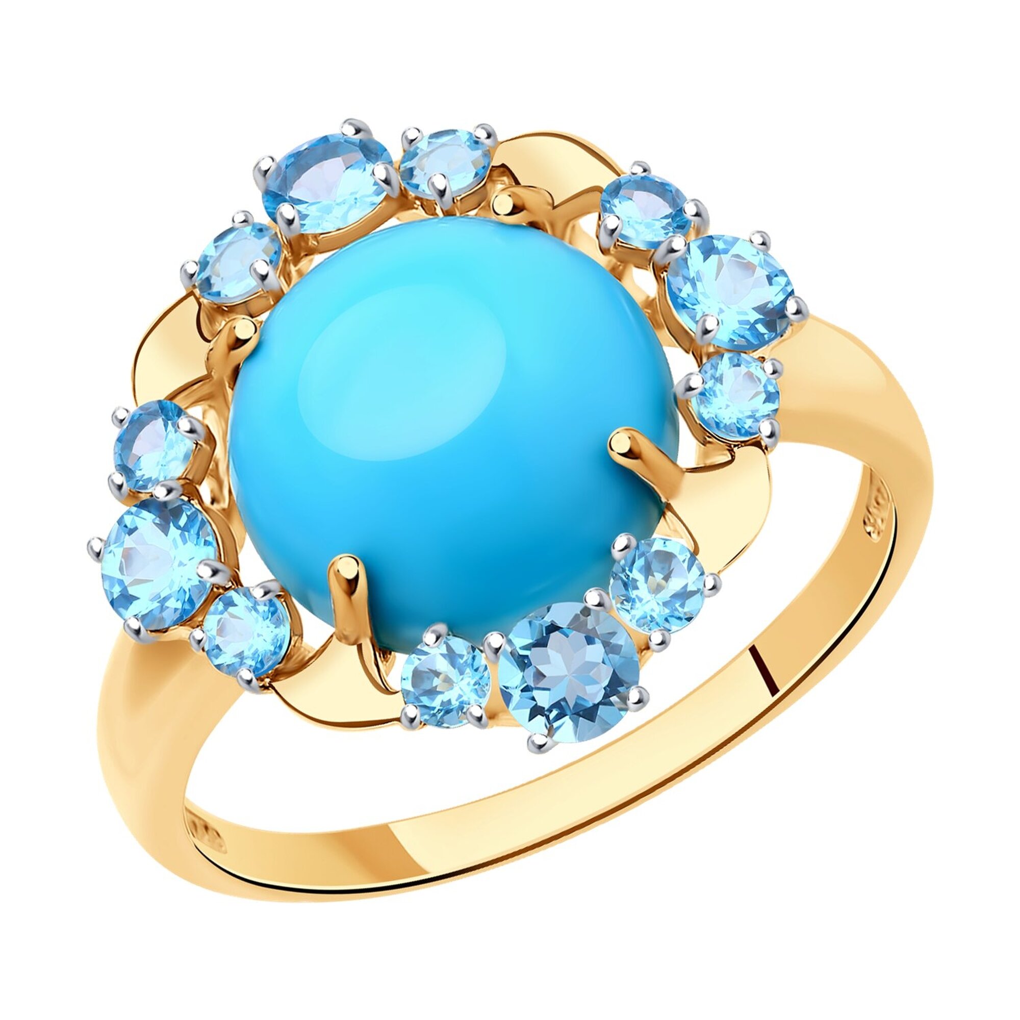 Кольцо, красное золото, 585 проба, топаз, бирюза