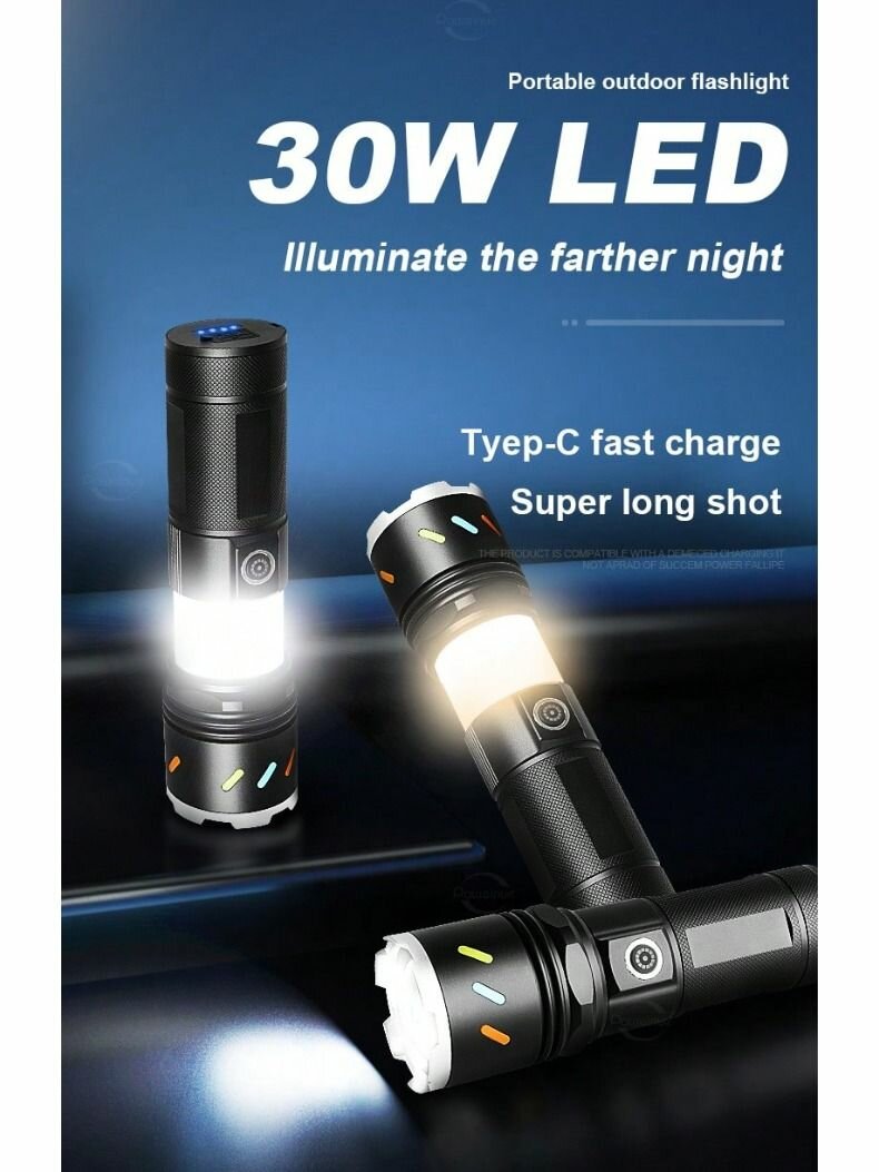 Фонарь аккумуляторный ручной тактический туристический с мощным лазерным светодиодом и батареей 26650 в комплекте**