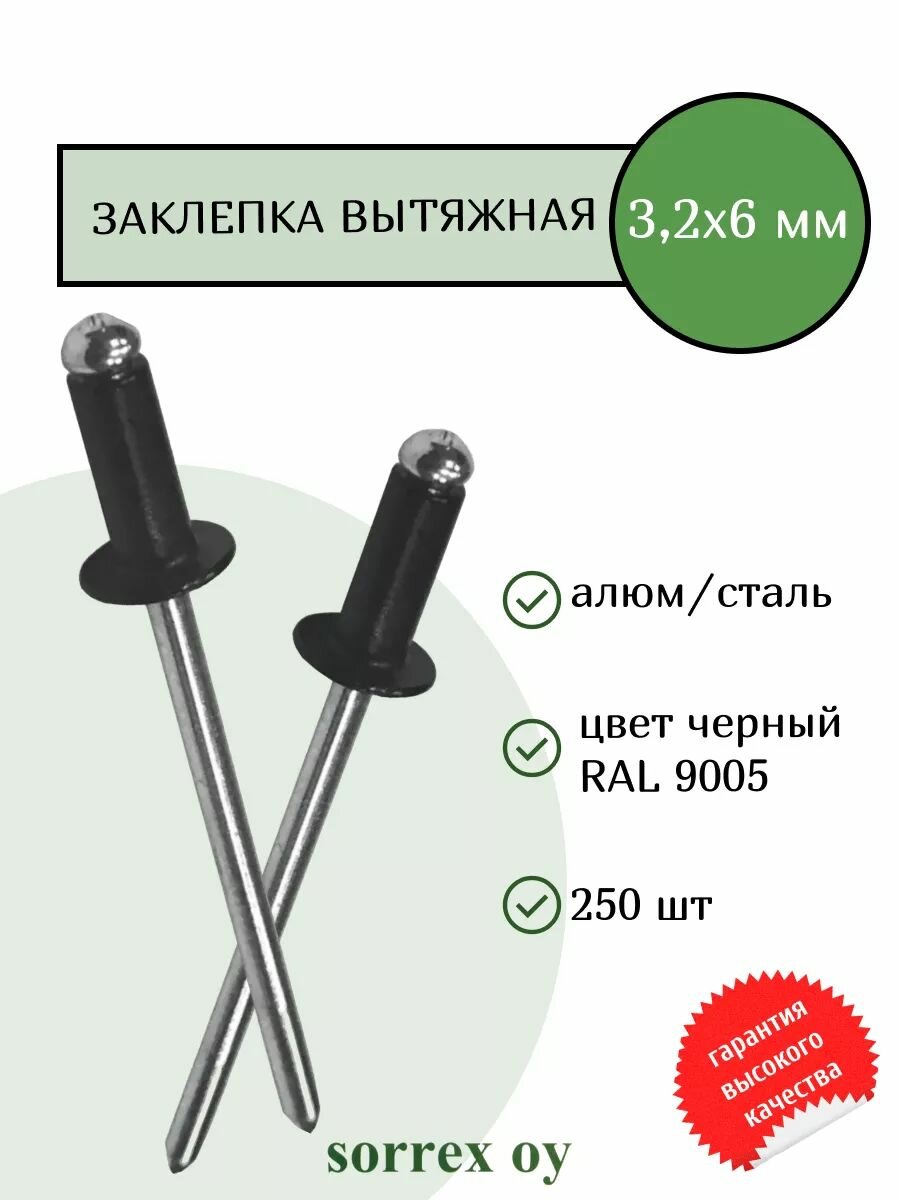 Заклепка вытяжная цветная 3,2х6 алюминий/сталь крашеная RAL 9005 для профнастила и забора Sorrex OY (250штук)