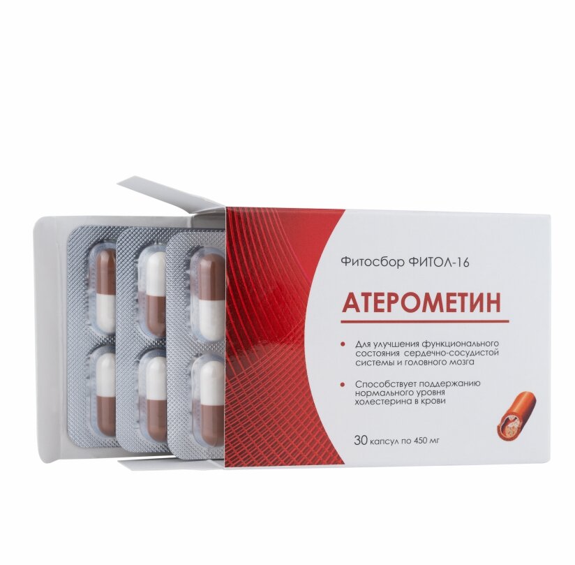 Атерометин, фитосбор для укрепления стенок сосудов"Фитол-16" от бренда "Алфит Плюс", 30 капсул по 450 мг
