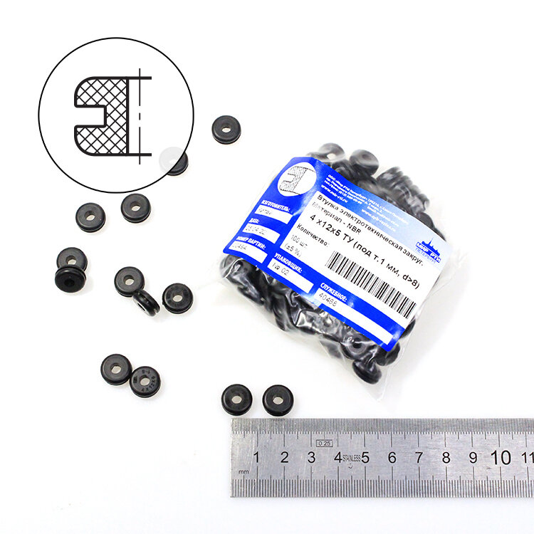 Втулка кабельная резиновая 4x12x4 (под т.1 мм, d>8) закругленная (упаковка 100 шт. ±5%)