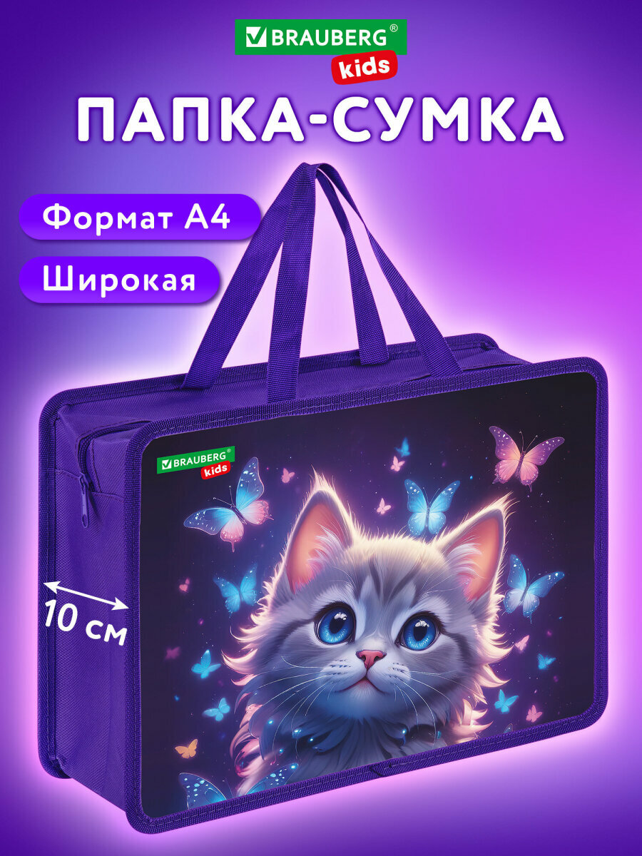 Папка сумка для тетрадей, труда, рисования А4 на молнии с ручками 1 отделение, Brauberg Kids, Любознательный кот. 273376