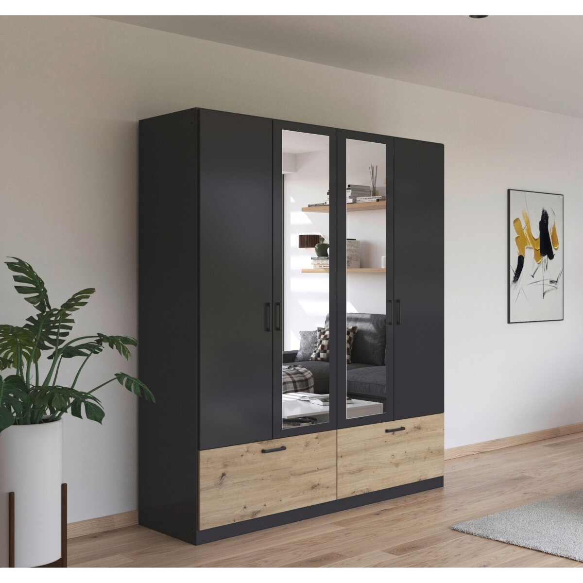 Шкаф распашной Бари-6 / Дуб Бунратти Черный для одежды с зеркалом четырехдверный 180*210*54