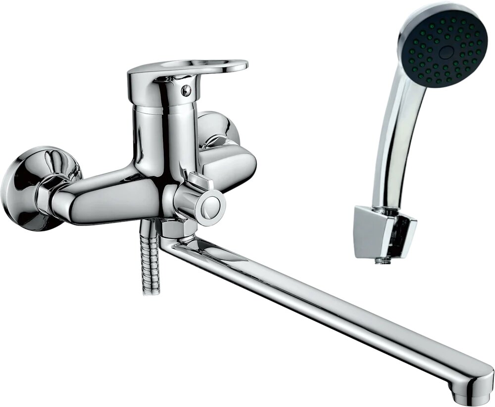 Смеситель с длинным изливом для ванны D-lin 409-8 D146409-8 с душевым гарнитуром, поворотный, металлический, хром, глянцевый, смеситель для ванны с душем, рычажный, с настенным держателем