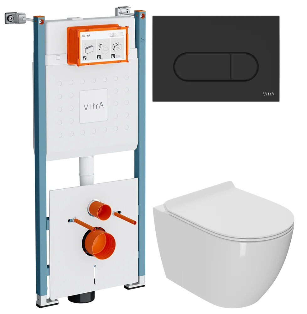 Комплект 3 в 1 Унитаз подвесной Bauedge Bau Ceramics / Инсталляция VitrA V-Fix Core 732-5800-01PV / Кнопка Root Round 740-2211 цвет матовый черный