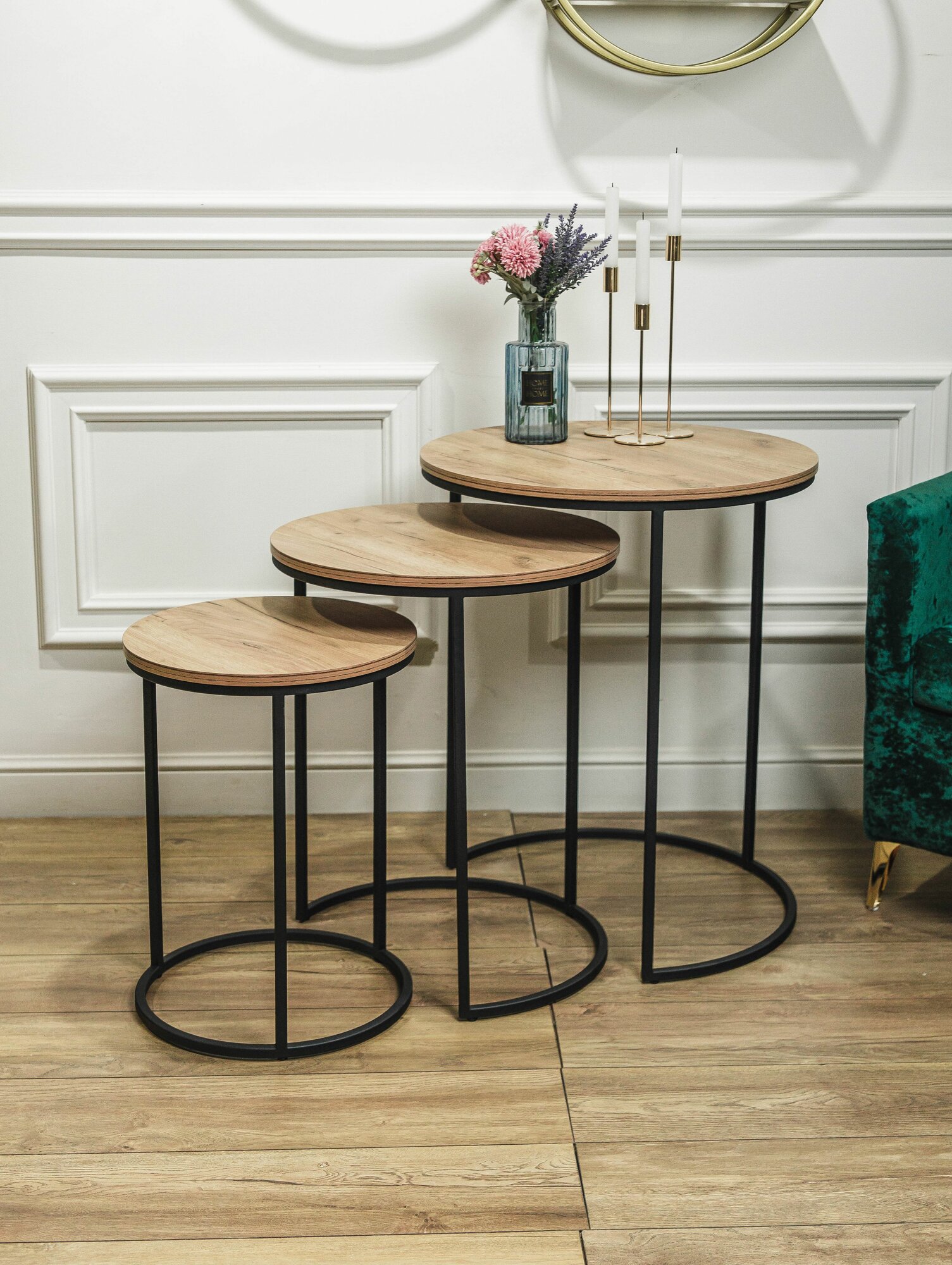 Столики журнальные Трио, 3 шт, круглые, металлические каркасы, лофт, цвет древесный