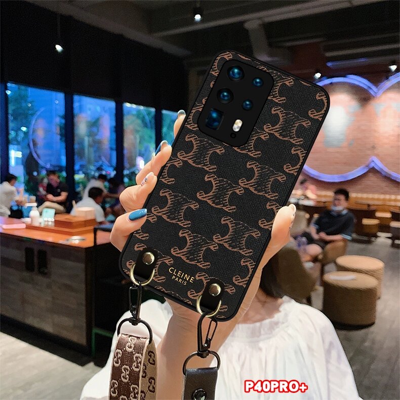 Чехол для Huawei P40 Pro+ с большим цветочным узором, черный цвет, кроссбоди-ремешок с кофейным шнуром