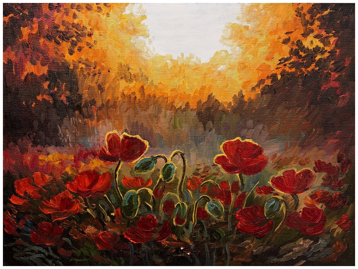 Фотообои Уютная стена "Маки на фоне заката" 360х270 см Виниловые Бесшовные (единым полотном)