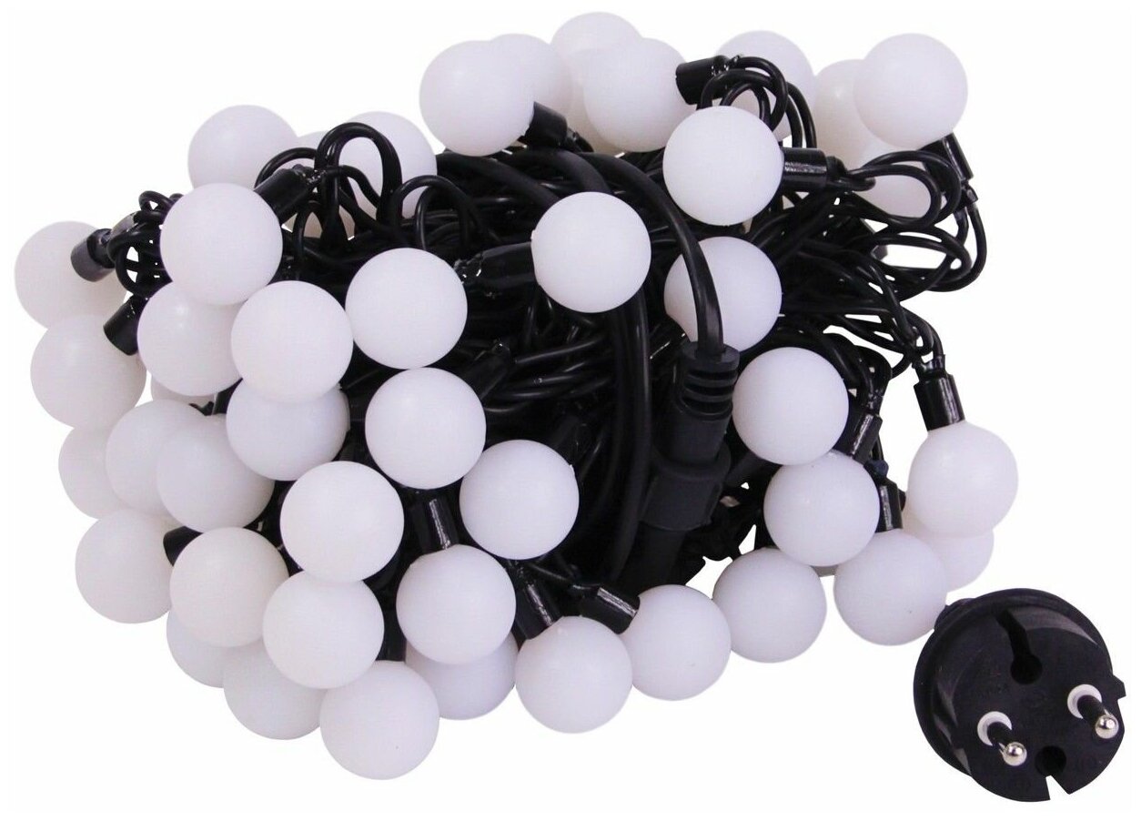 Светодиодная гирлянда Мультишарики 25 мм 100 холодных белых LED ламп 15 м, черный ПВХ, соединяемая, IP44, SNOWHOUSE OLDBL100-W-E