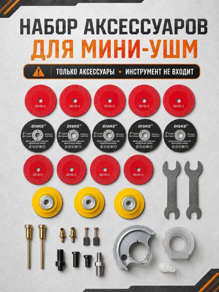 Набор аксессуаров для мини-УШМ, отрезные и шлифовальные диски 40/50 мм, оснастка и ремкомплект
