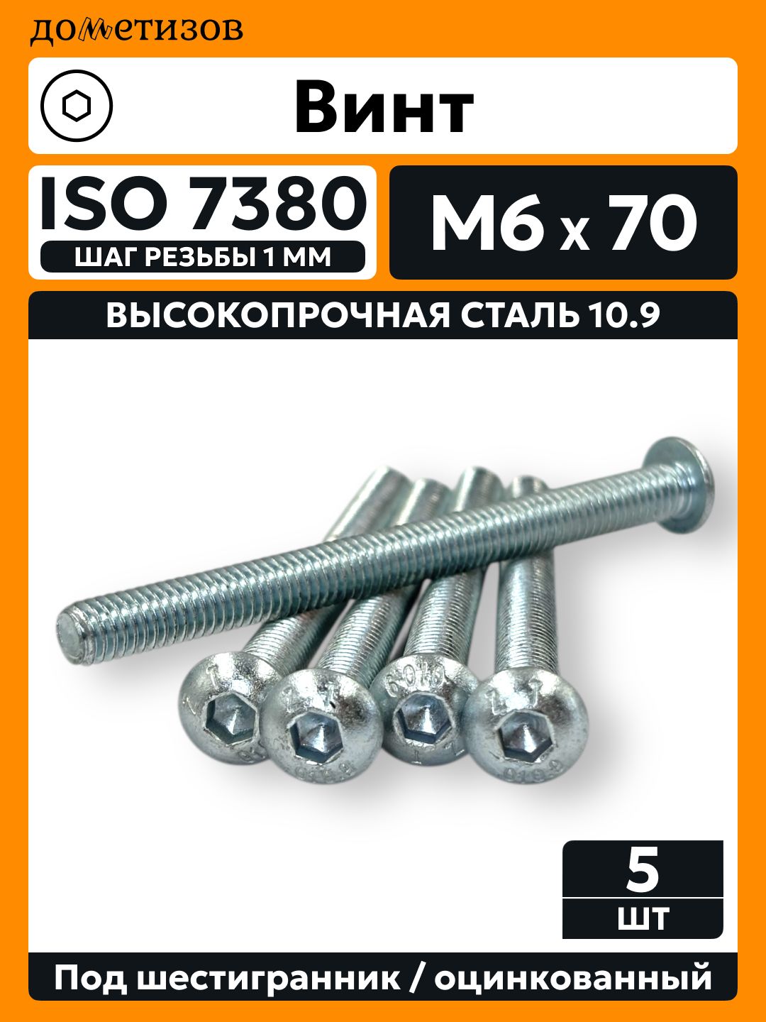 Винт DIN 7380 М 6х70 прочность 10.9 , 5 шт.